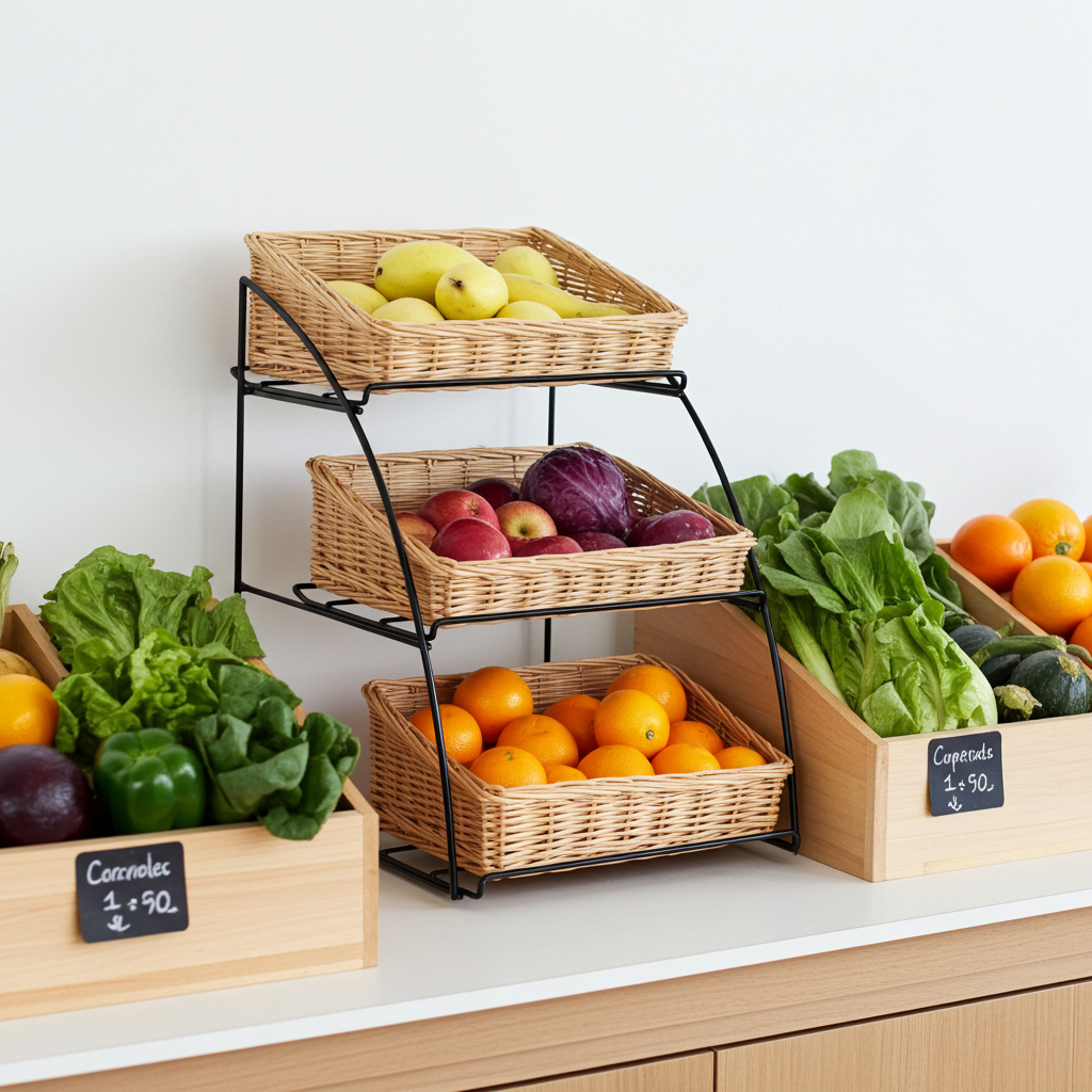 Counter Basket Stand With Black Wire Curved Stand & 3 x Wicker Baskets ...