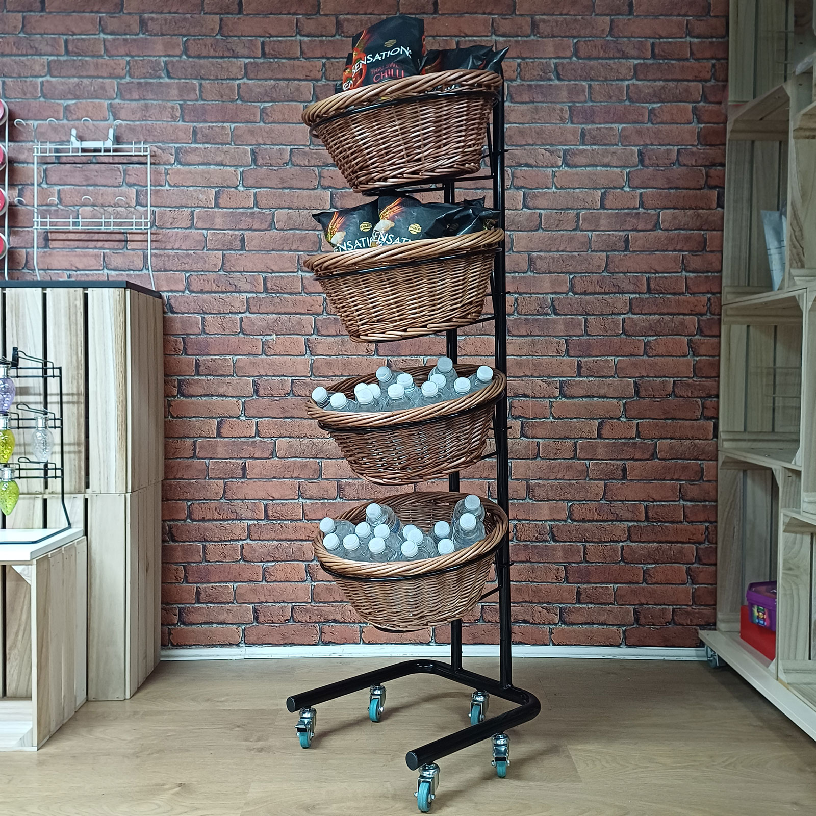 Basket Stand - 4 Tier Wicker Basket Display for Bread, Crisps, Snacks (DA1)