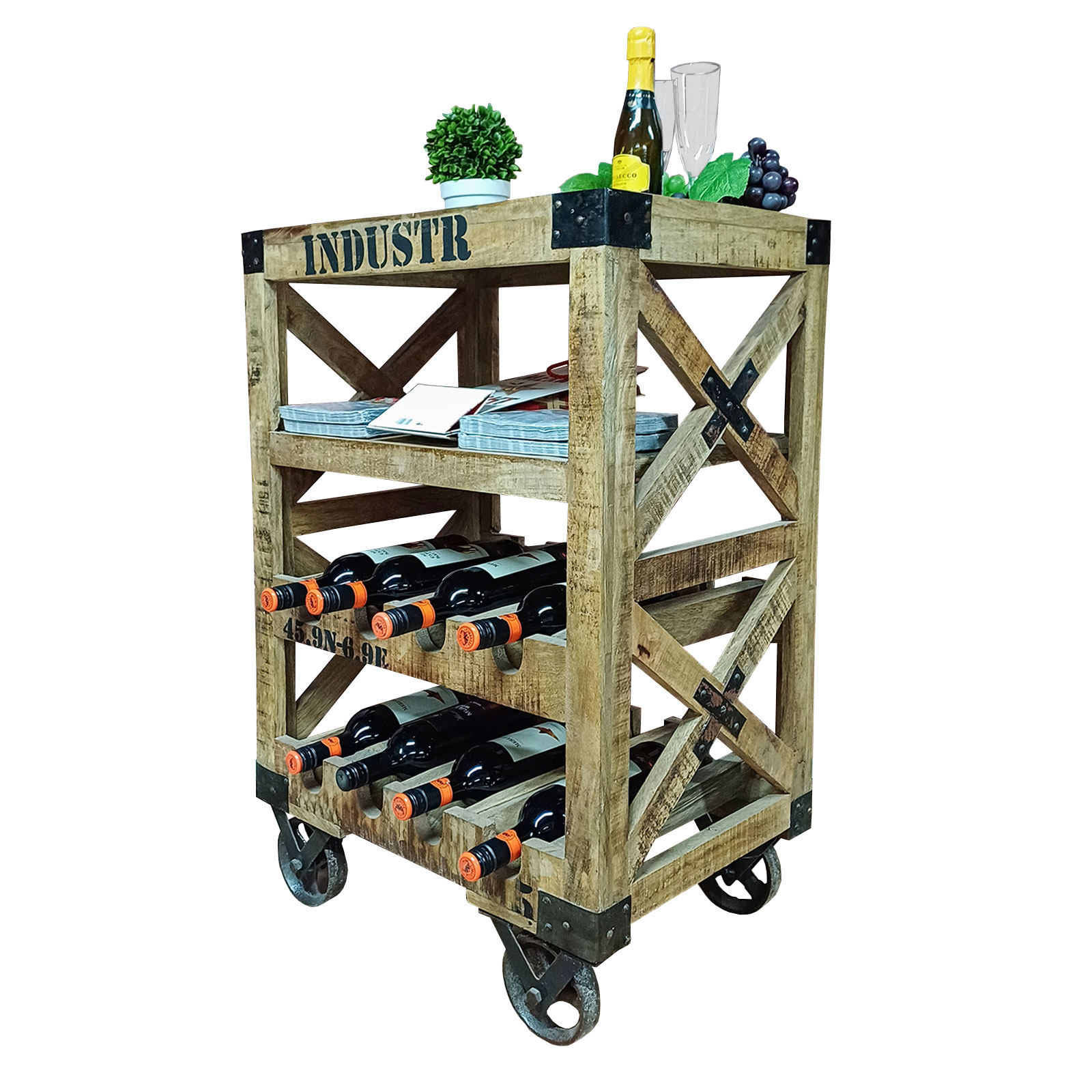 Wine Trolley Table - Rustic Wood & Iron - Retail Shop Display with ...