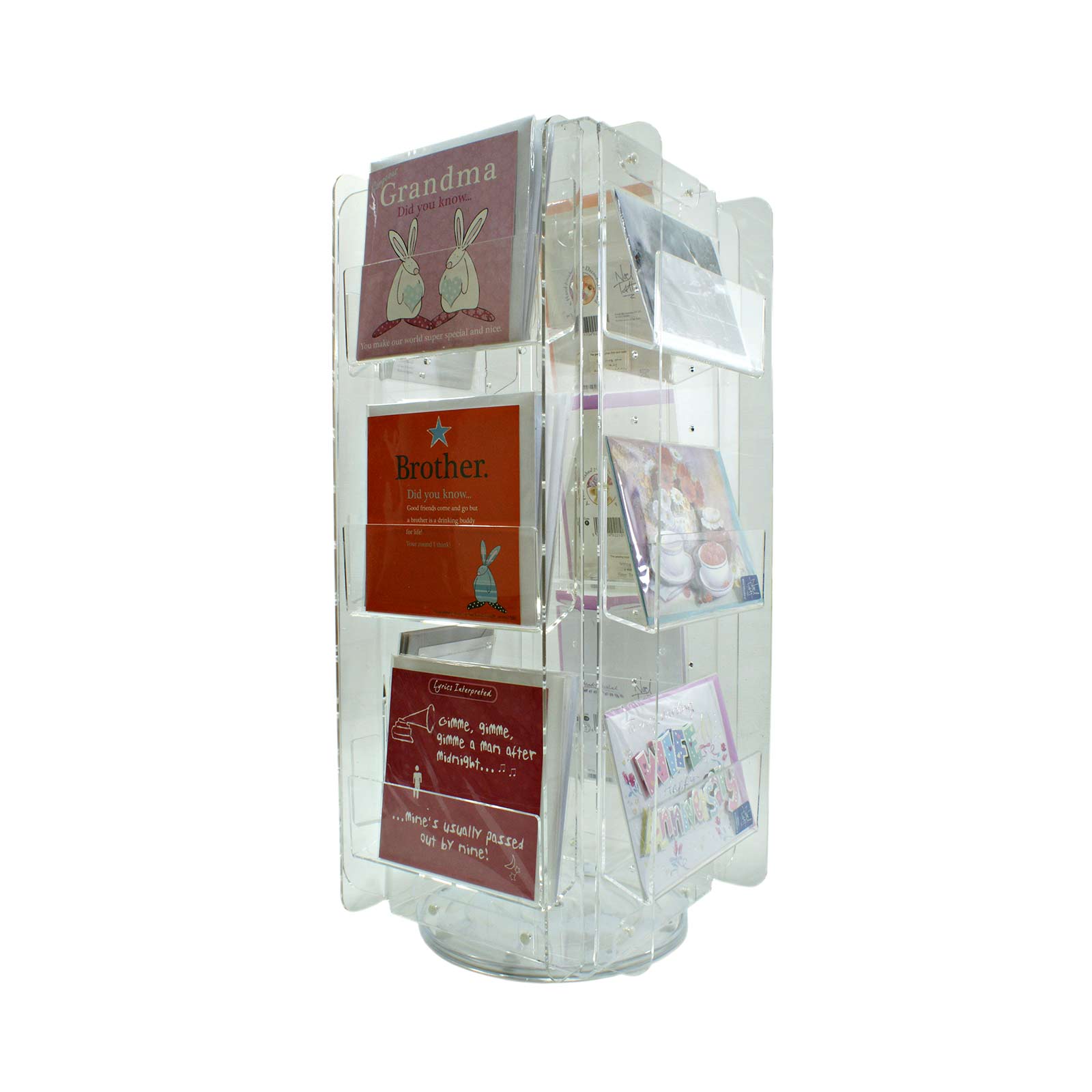 Greeting Card Stand - Rotating Multi Size Cards - 12 Acrylic Pockets (DS47)