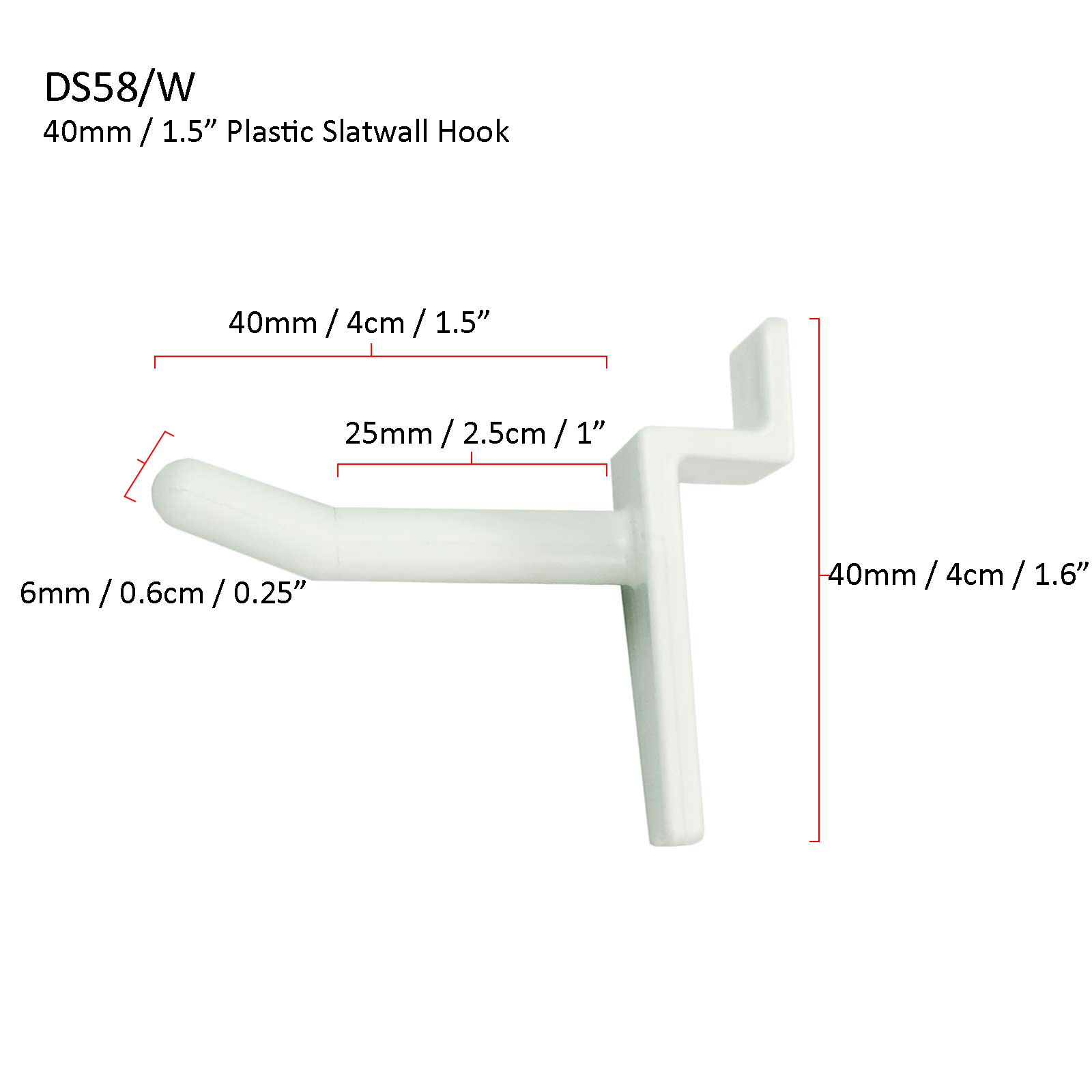 Slatwall Hooks - 40mm Single Retail Shop Hooks in White (DS58/W)