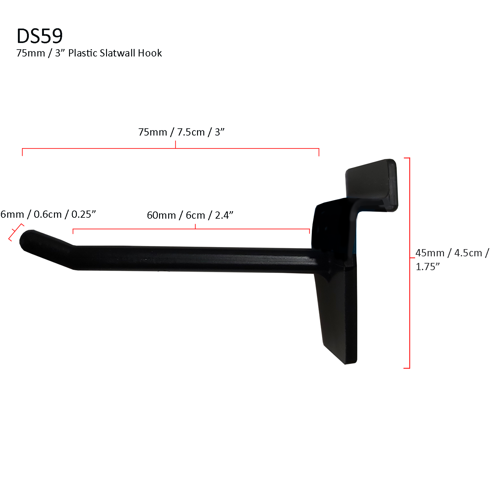 Slatwall Hooks - 75mm Single Retail Shop Hooks in Black (DS59/B)
