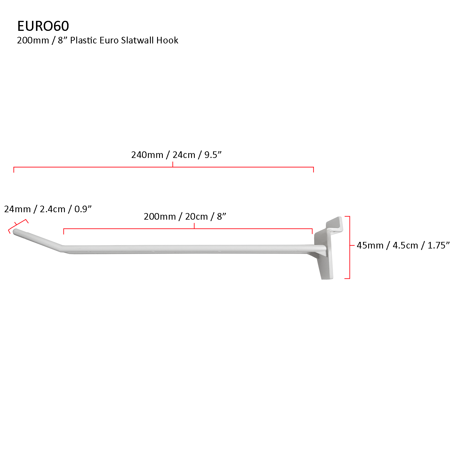 Slatwall Hooks - 200mm / 8inch Euro Retail Shop Hooks in White (EURO60)