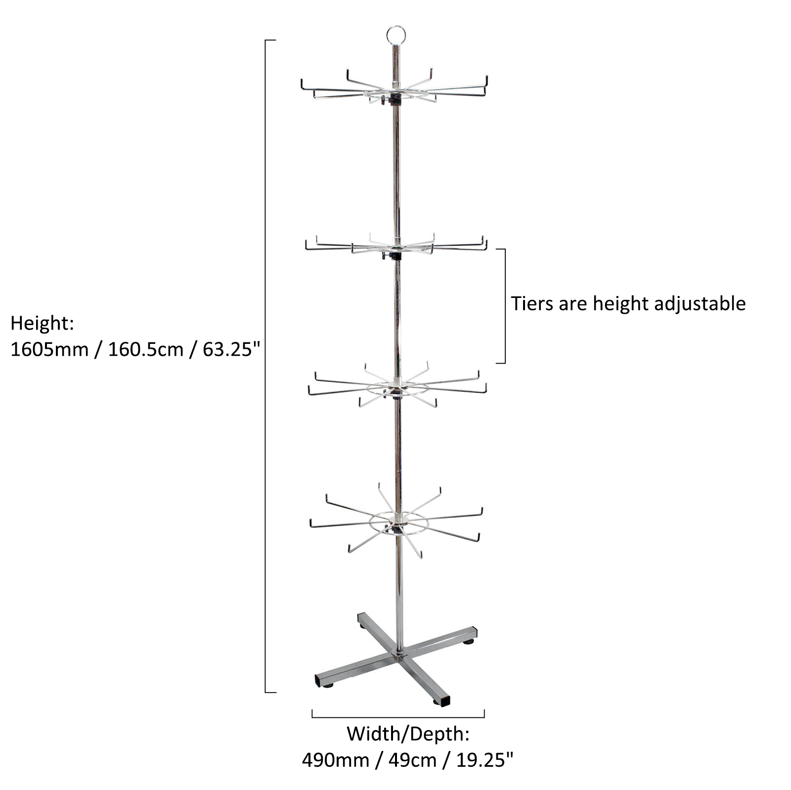 48 Hook, 4 Adjustable Tier Rotating Shop Floor Display Stand in Chrome ...