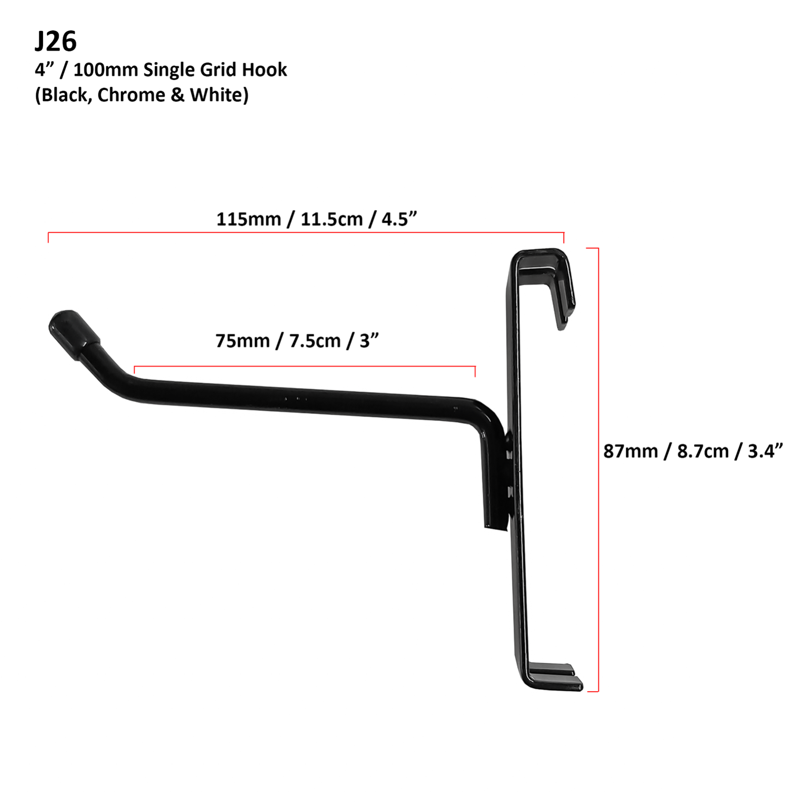 Grid Hooks - 100mm / 4inch Single Arm Prong in Black - Shop Fittings ...