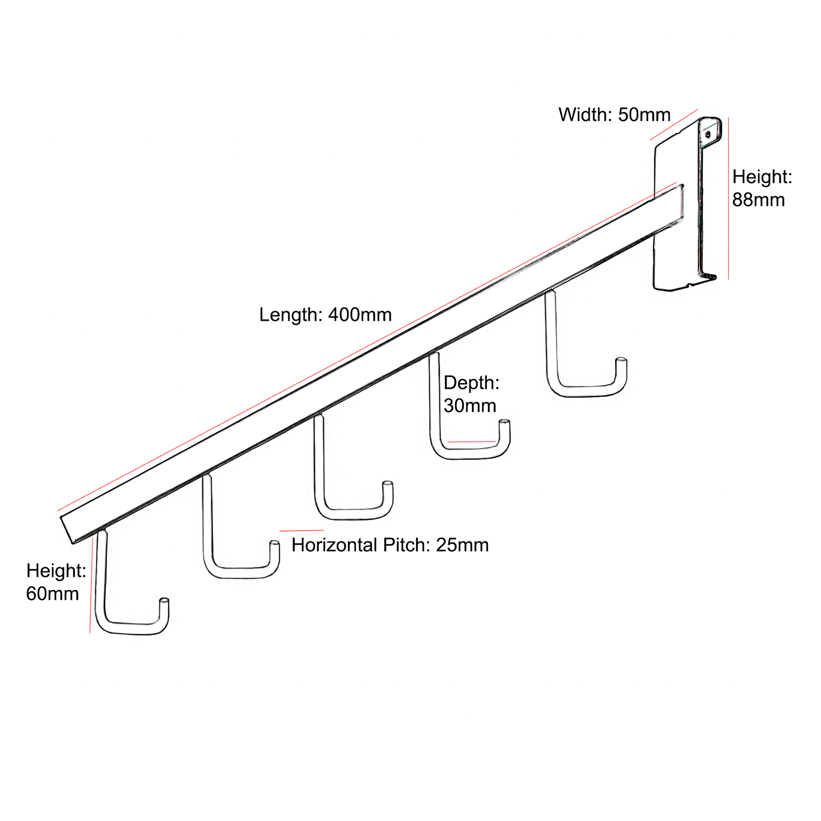 Grid Panel Sloping 5 Hook Arm to Fit Gridwall in Chrome (J29)