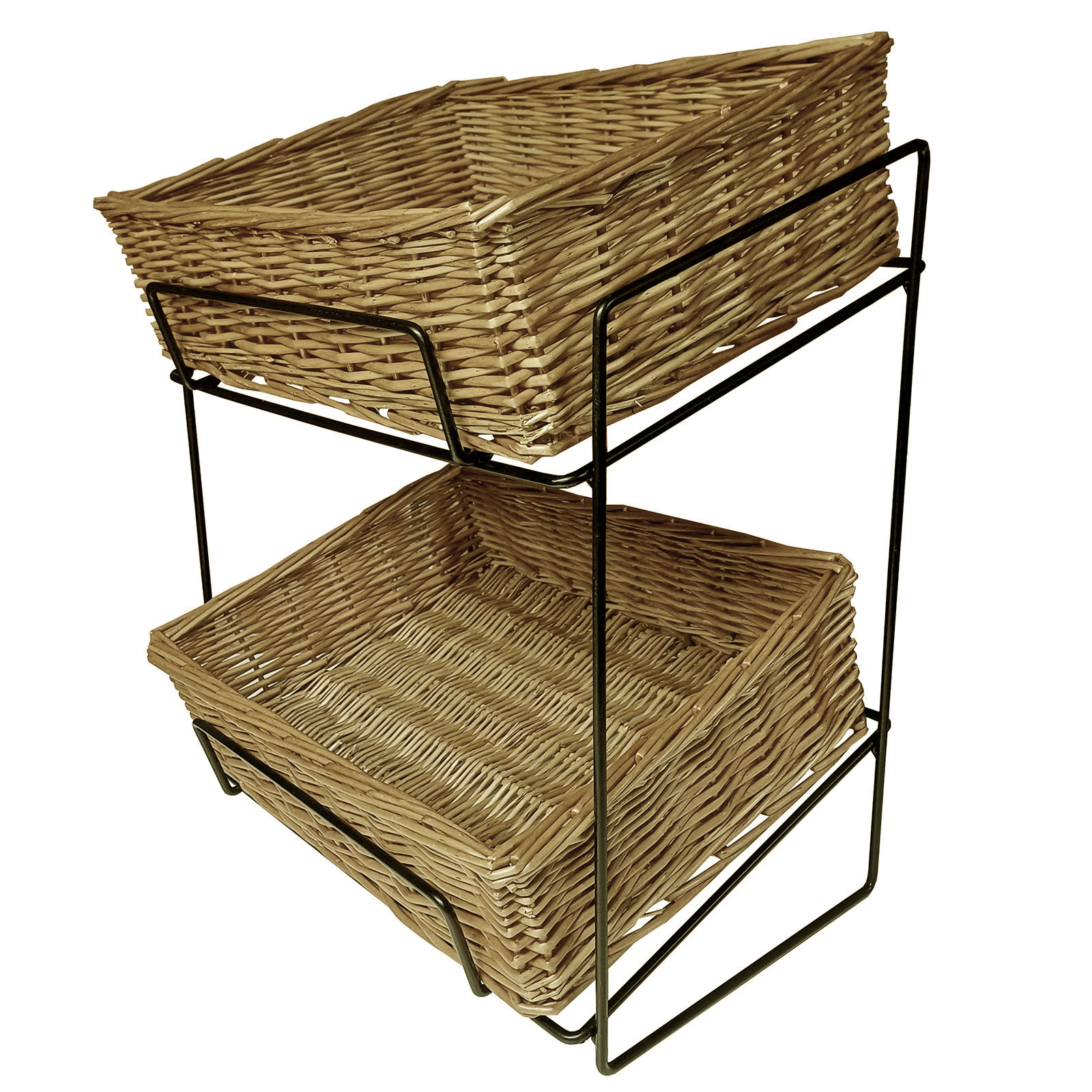 Counter Basket Stand With Black Wire Stand & 2 x Wicker Baskets - (T100)