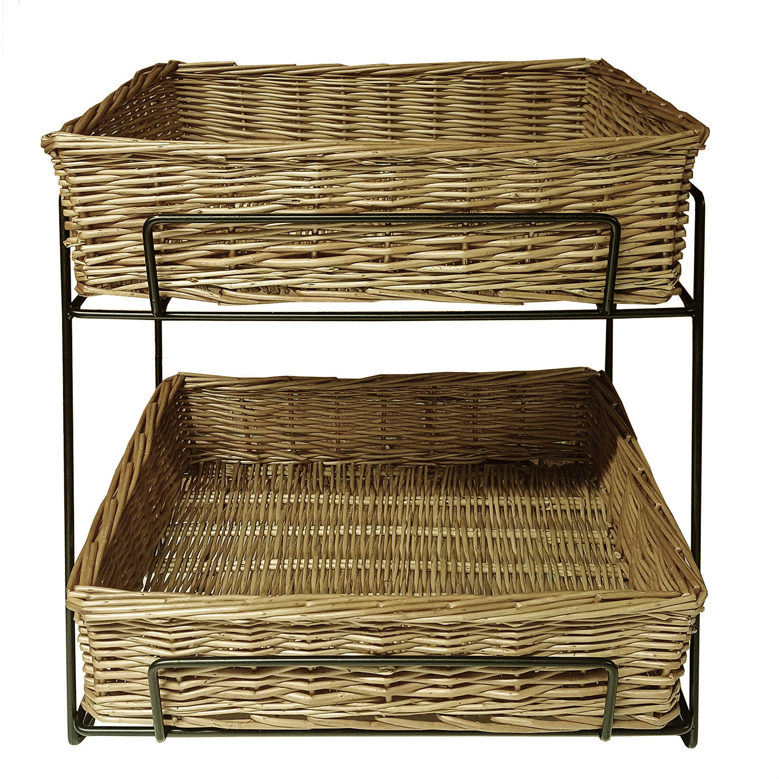 Counter Basket Stand With Black Wire Stand & 2 x Wicker Baskets - (T100)
