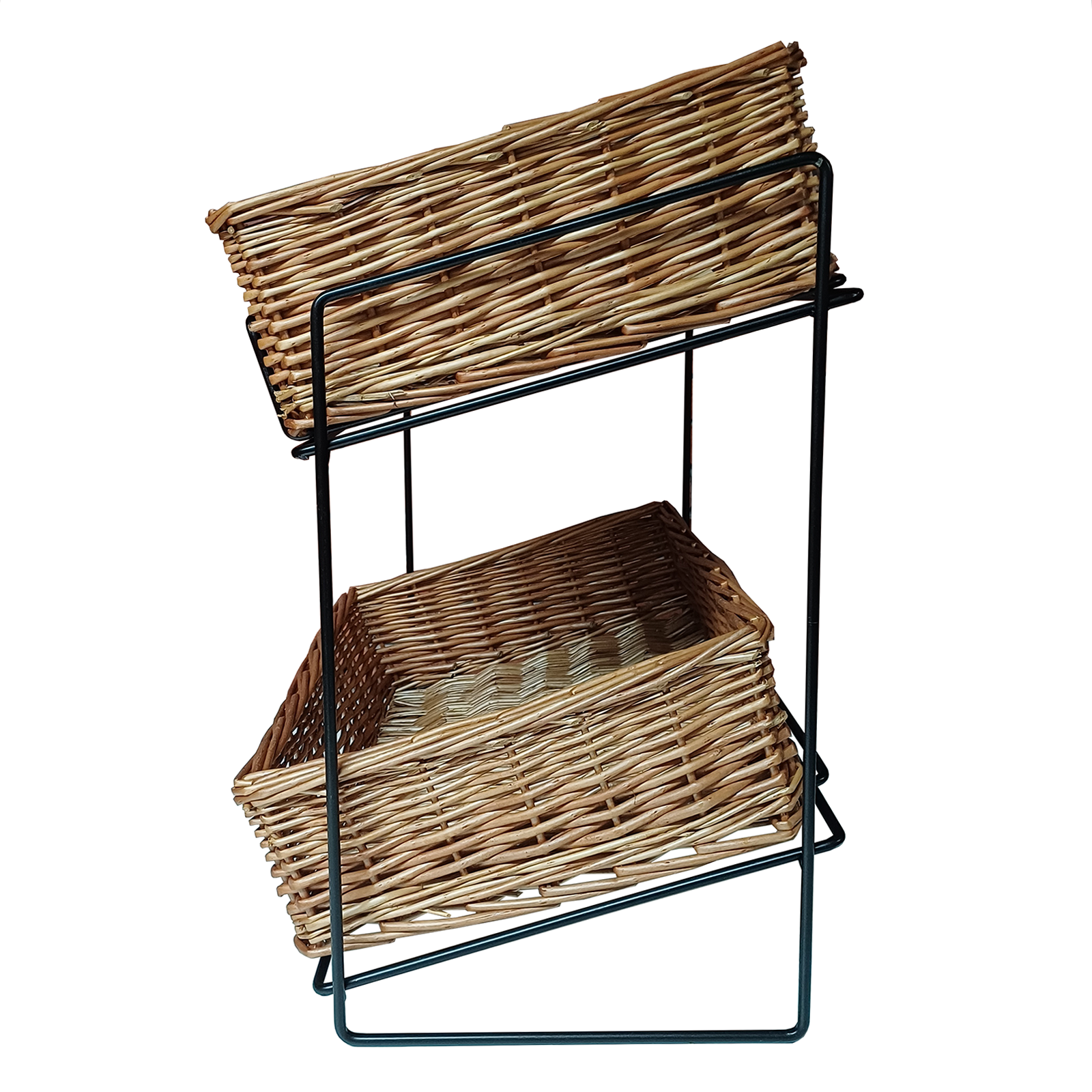 Counter Basket Stand With Black Wire Stand & 2 x Wicker Baskets - (T100)