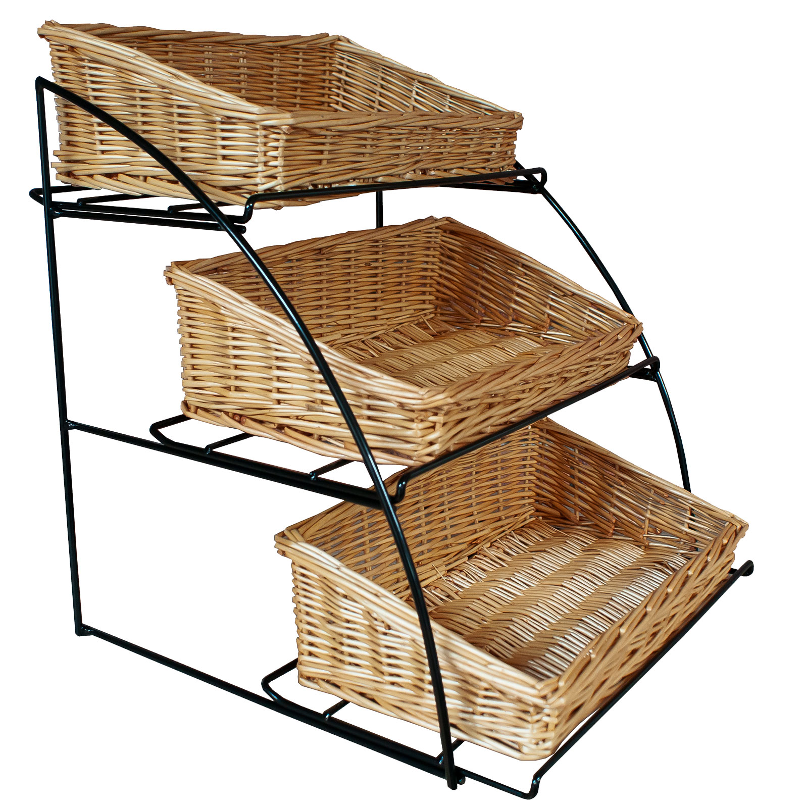 Counter Basket Stand With Black Wire Curved Stand & 3 x Wicker Baskets ...
