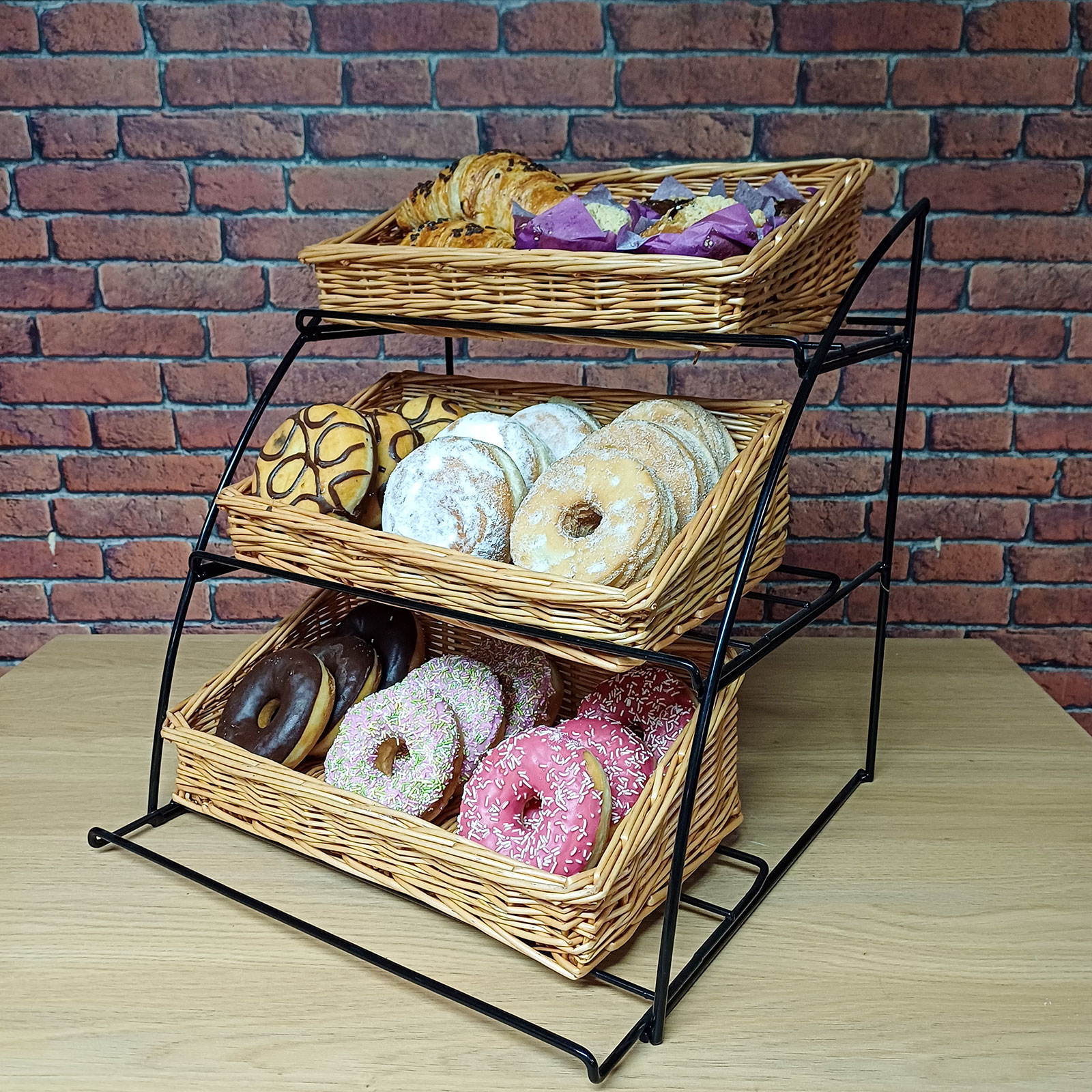 Counter Basket Stand With Black Wire Curved Stand & 3 x Wicker Baskets ...