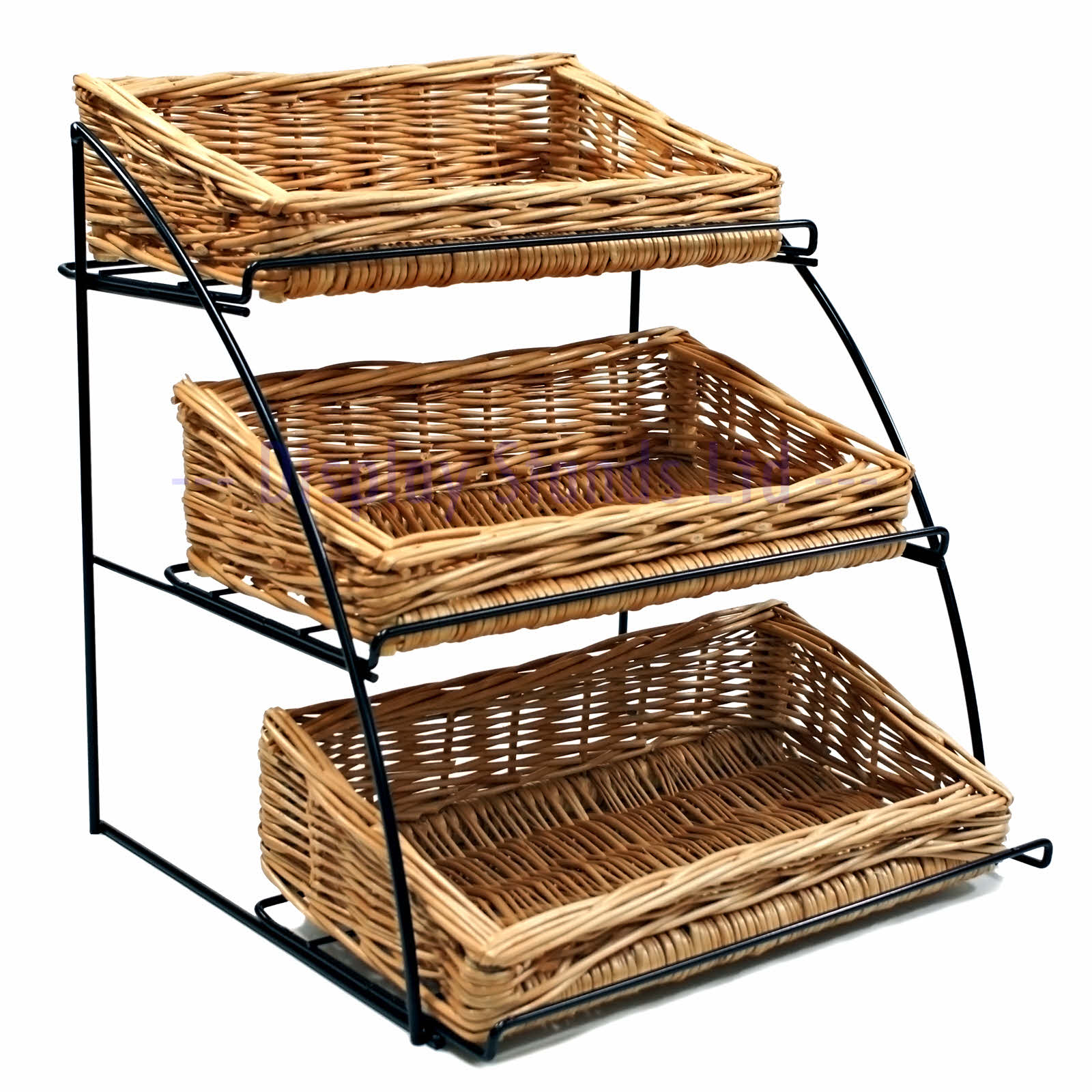 Counter Basket Stand With Black Wire Curved Stand & 3 x Wicker Baskets ...
