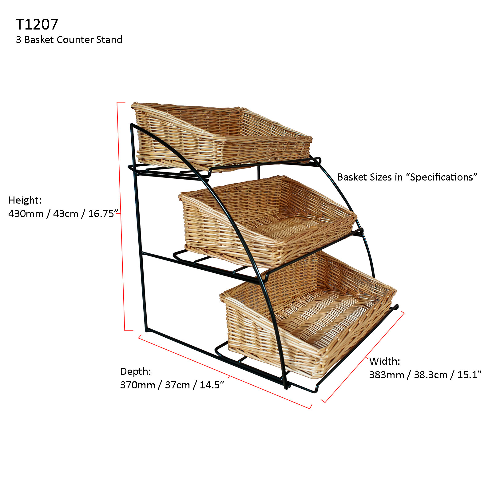 Counter Basket Stand With Black Wire Curved Stand & 3 x Wicker Baskets ...