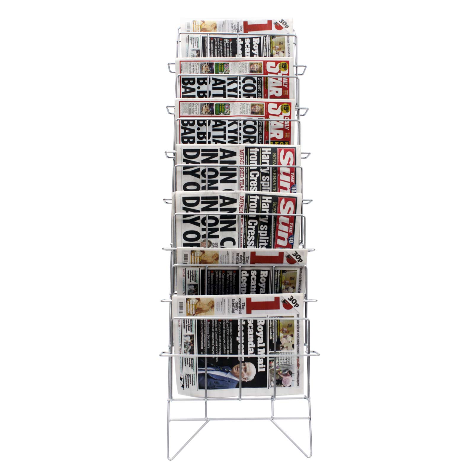 Newspaper Rack - Fold Flat - 7 Wide Pockets in Silver (S1)